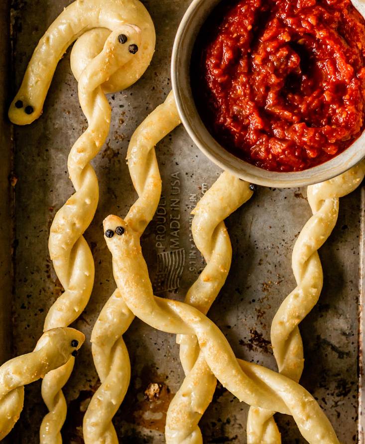 Spooky Bread-Snakes with Chunky Marinara Sauce | Anna Ramiz of ...